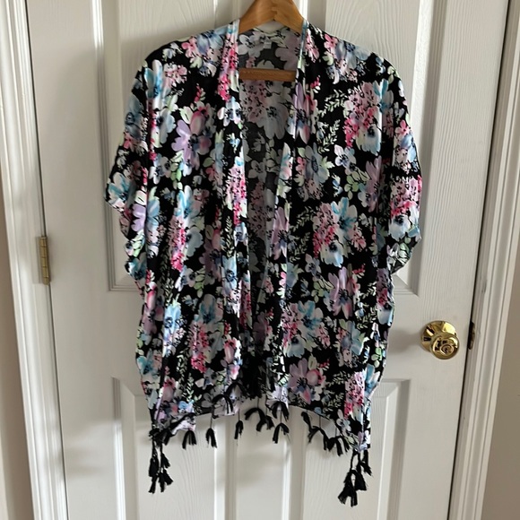 Mary Squares | Sweaters | Mary Square Black Floral Open Front Fringe ...